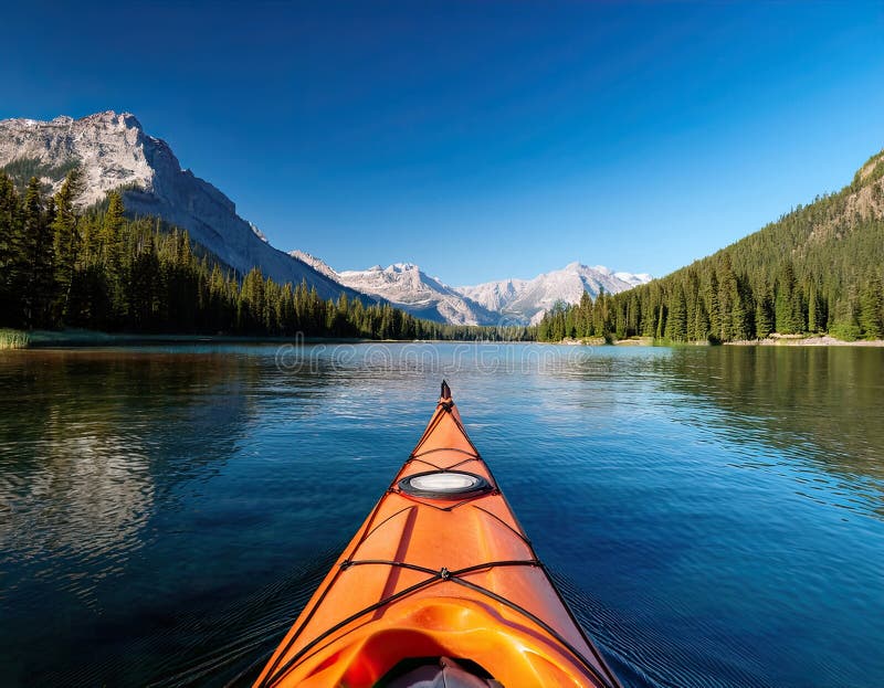 Back View of a Kayak Floating on a Calm Lake with Mountains and Pine ...