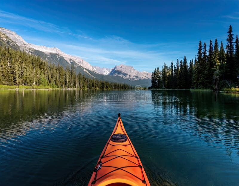 Back View of a Kayak Floating on a Calm Lake with Mountains and Pine ...