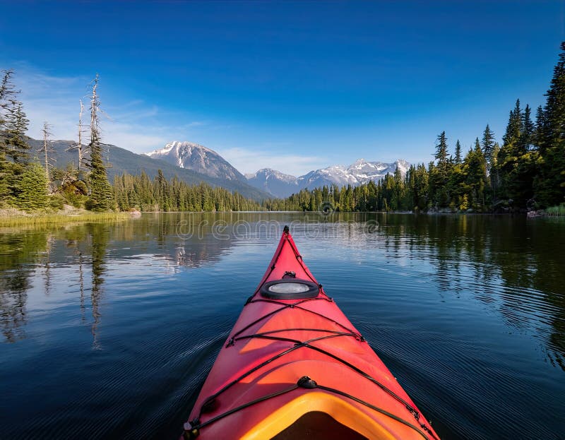 Back View of a Kayak Floating on a Calm Lake with Mountains and Pine ...