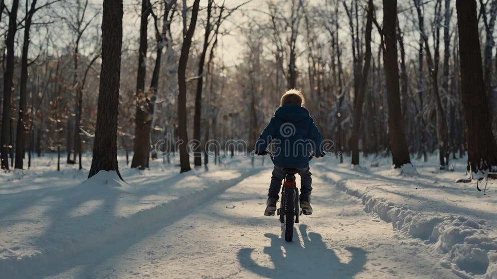 Back View a Kid Ride a Bikes in a Winter Park Stock Photo - Image of ...