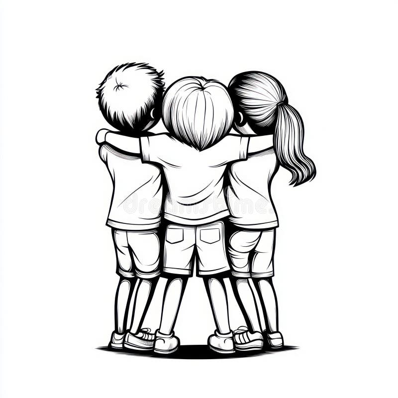 Back View of Kids Hugging in Black and White Line Art Stock ...