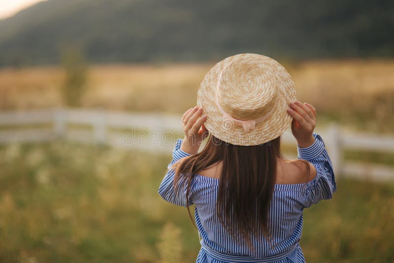 Back View of Lady in Hat. Background of Mountains Stock Image - Image ...