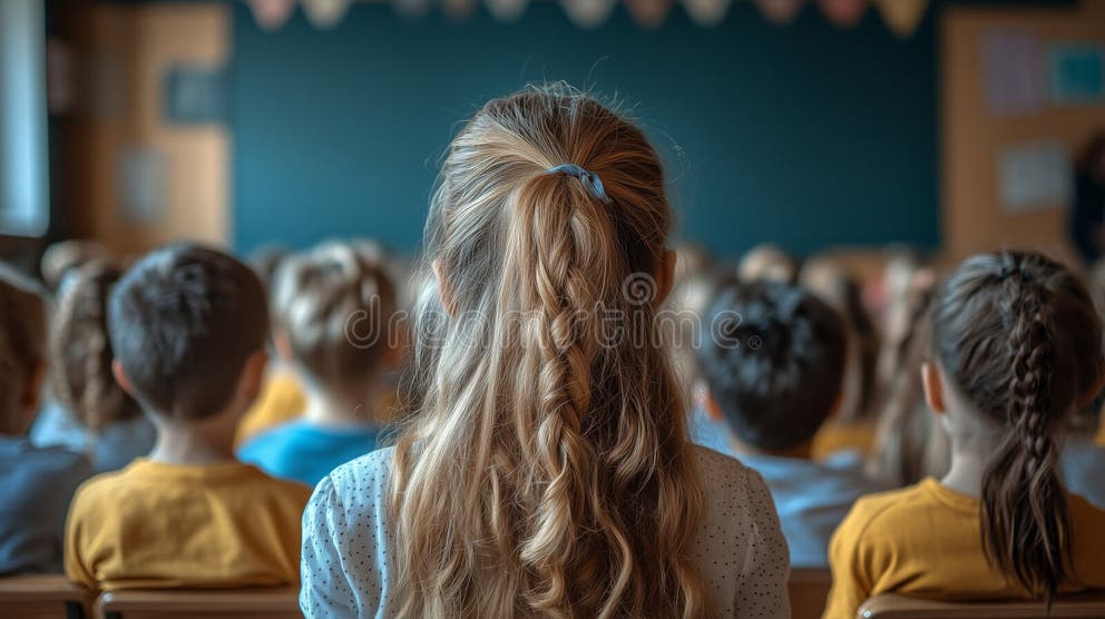 Back View of Large Group of School Kids Having a Class in Elementary ...
