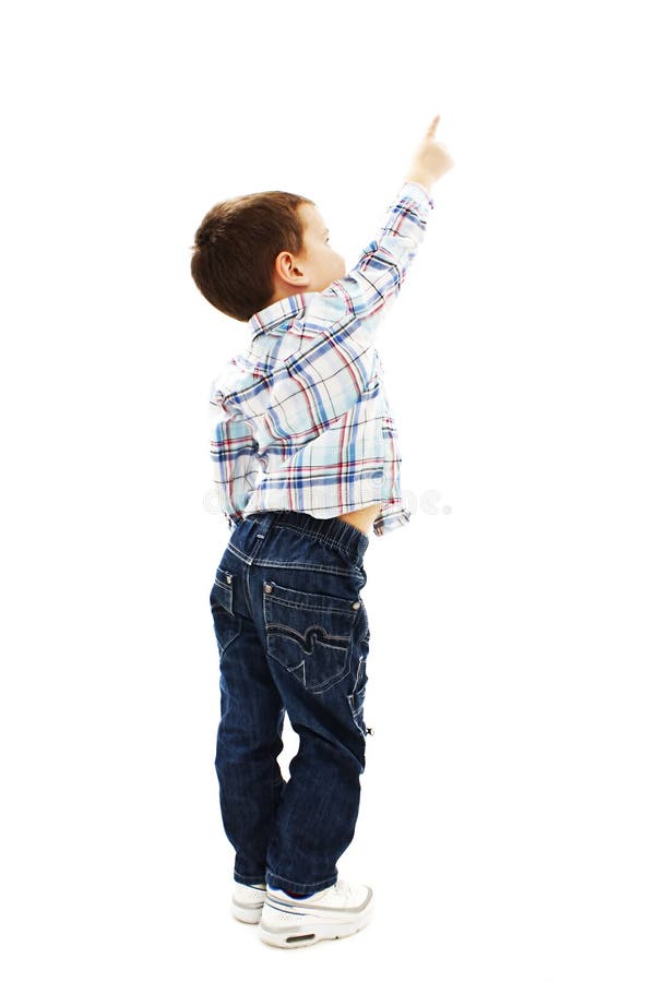 Back View of Little Boy Points at Wall Stock Photo - Image of backside ...