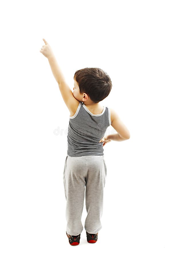 Back View of Little Boy Points at Wall. Rear View Stock Image - Image ...
