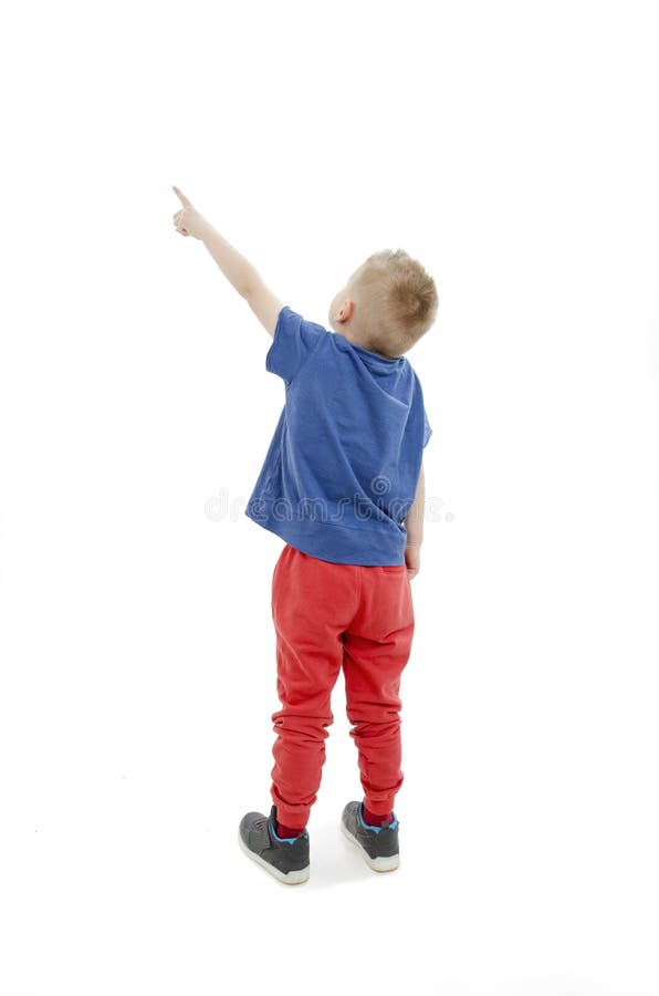 Back View of Little Boy Points at Wall. Rear View Stock Image - Image ...