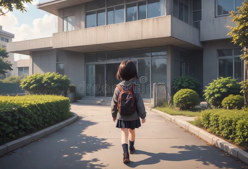 Back View Little Girl Kid Student Walking To School Stock Illustration ...