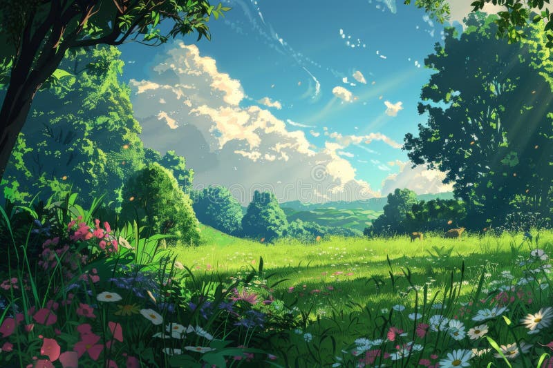 Back View Lofi Scene with Lush Meadows. Stock Illustration ...