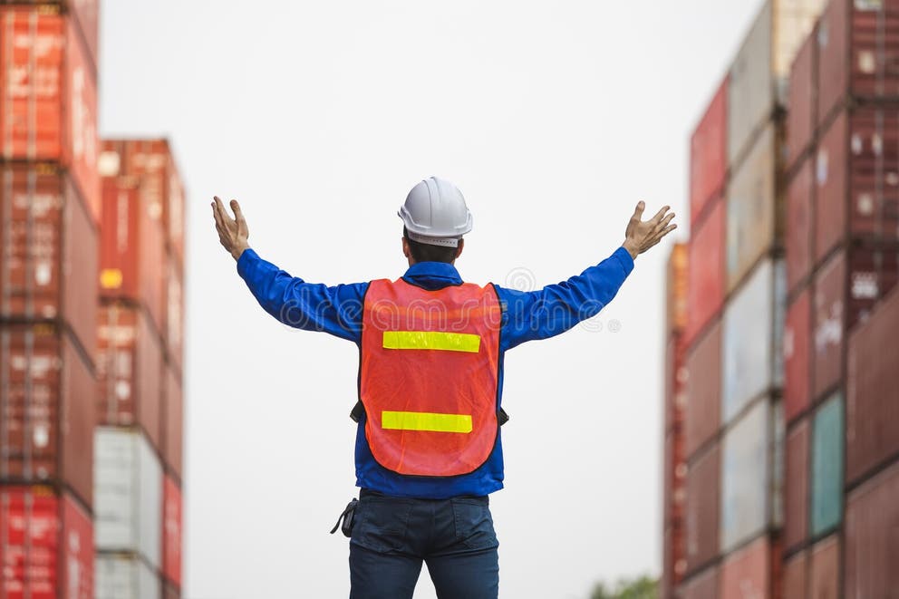 Back View of Logistics Manager at Shipping Container Yard, Foreman Dock ...