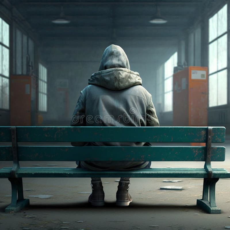 Back View of Lonely Man Siiting on Wooden Bench, Made with Generative ...