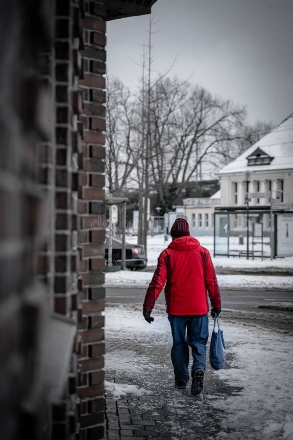 Back View of a Lonely Man Walking on the Winter Street Stock Photo ...