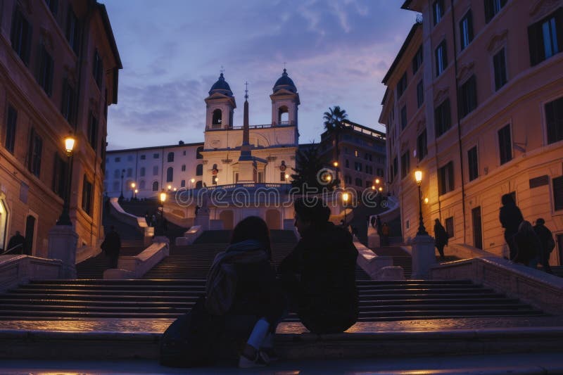 Back View of Lover Looking at Impressive View while Sitting at Stair ...