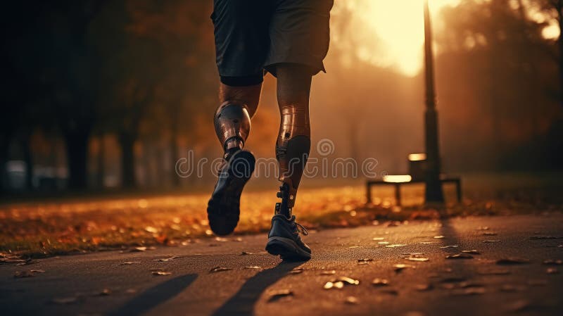 Rear View of a Low-angle View of a Young Man with Bionic Prostheses on ...
