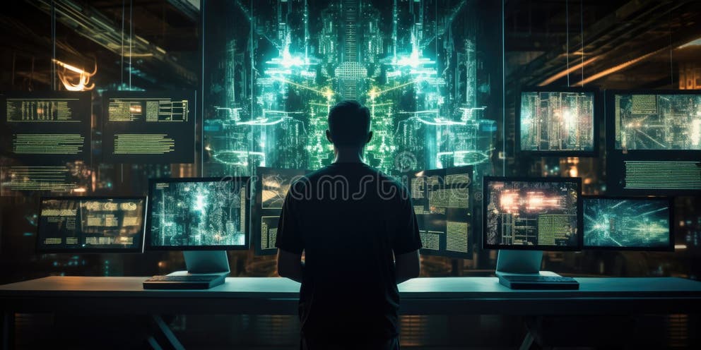 Back View of the Male Computer Engineer and Scientist Create Neural ...