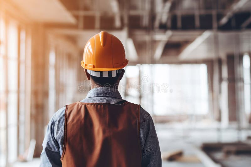 Back View of a Male Engineer in Hardhat Standing in the Construction ...