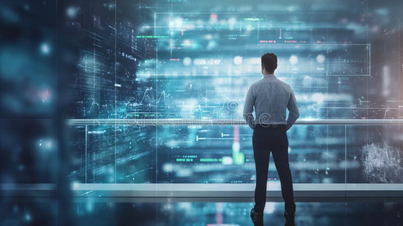 Back View of Male Engineer, Head of Technology, Standing in a Large ...