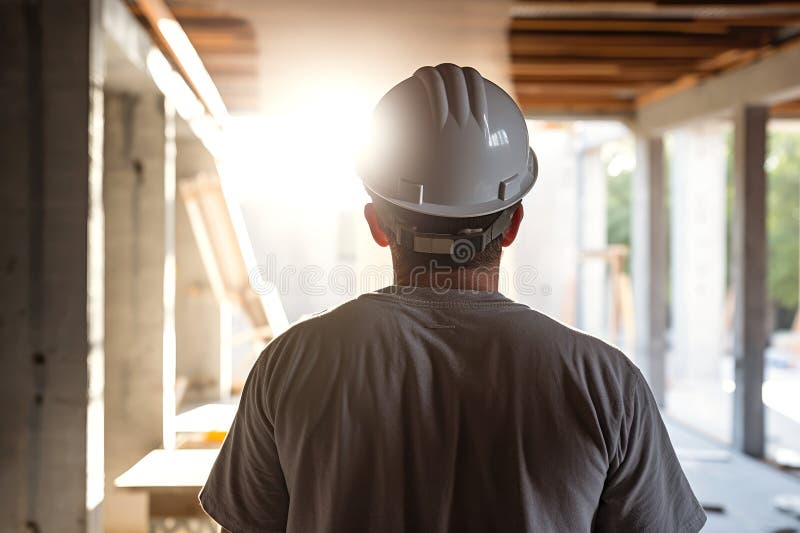 Back View of Male Engineer Wearing Hardhat while Standing at ...
