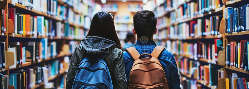 Students with Backpacks Browsing Books in Library Shelves Stock ...