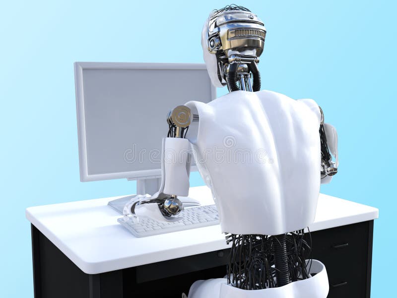 3D Rendering of Male Robot Sitting at Computer. Stock Illustration ...