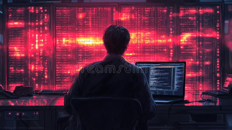 Back View of Male it Specialist Analyzing Data on Laptop in Dim Room ...