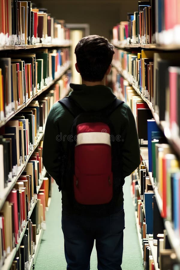 Back View of a Male Student with Backpack in a Library. Stock Photo ...