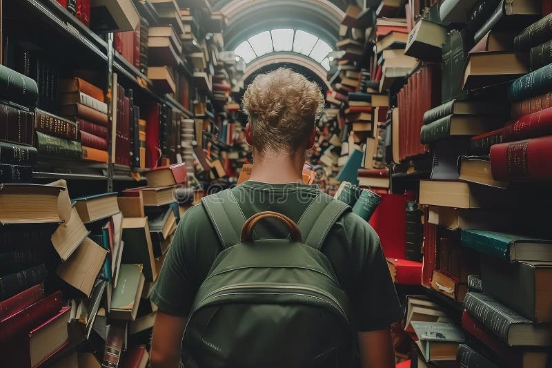 Back View of a Male Student with Backpack in a Library. Stock Photo ...