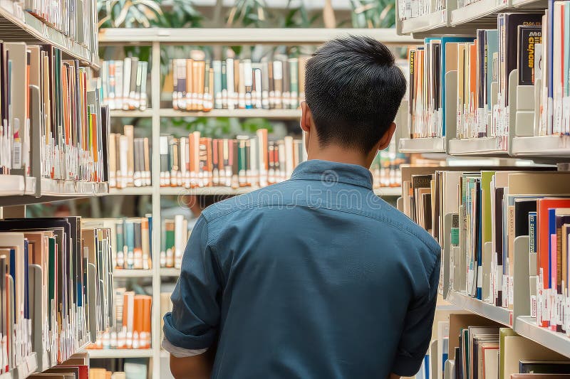 Back View of a Male Student in a Library. Stock Photo - Image of ...