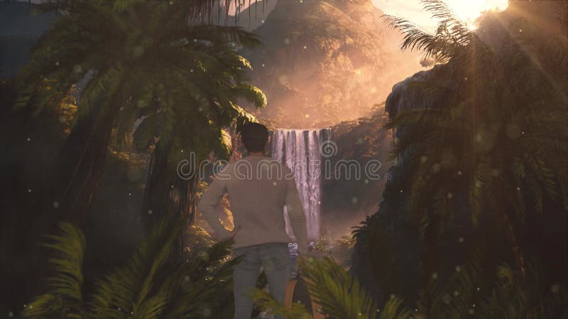 Back View of Male Traveller with Backpack Looks on Forest Waterfall on ...