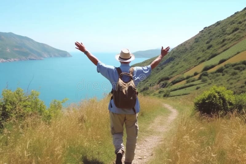 Back View of Man with Backpack Hiking on Mountain Trail. Backpacker ...