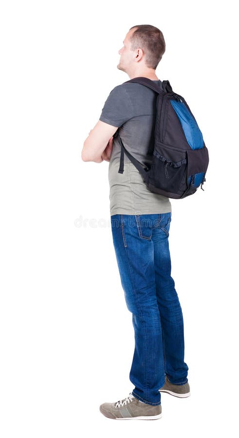 Back View of Man with Backpack Looking Up. Stock Photo - Image of ...