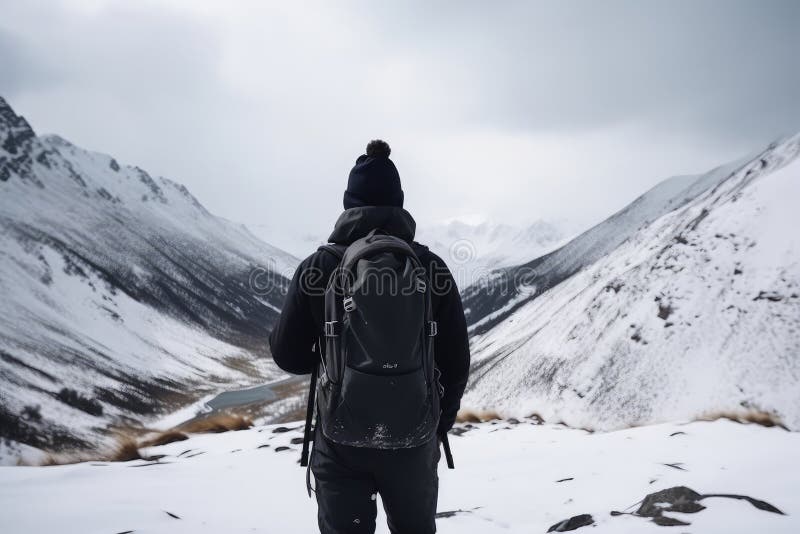 Back View of a Man with Backpack Stand in Front of High Mountains, AI ...