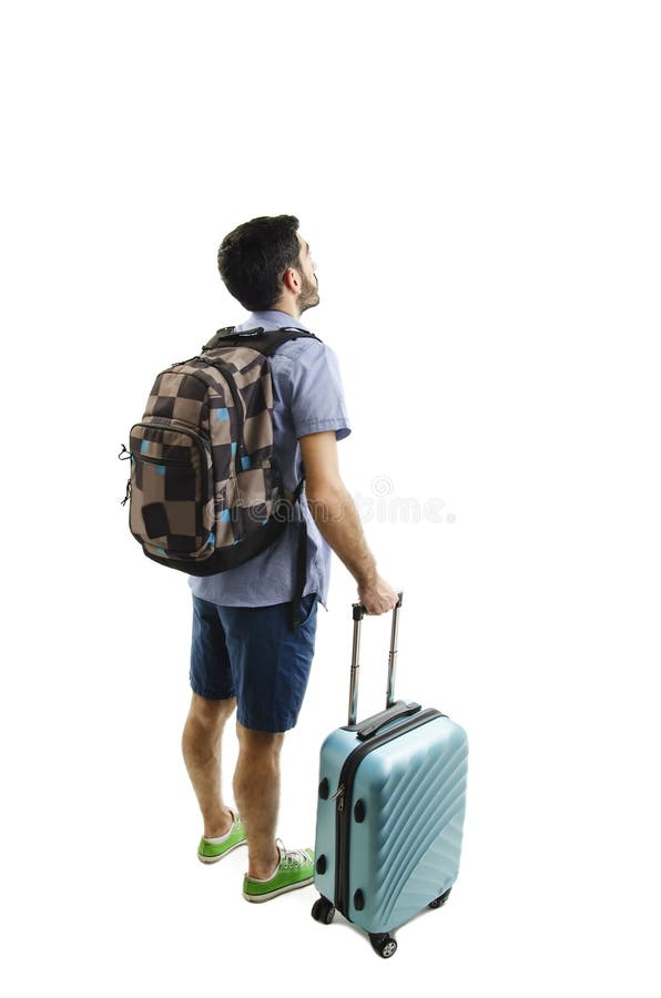 Back View of Man with Backpack and Suitcase Looking Up. Rear View ...