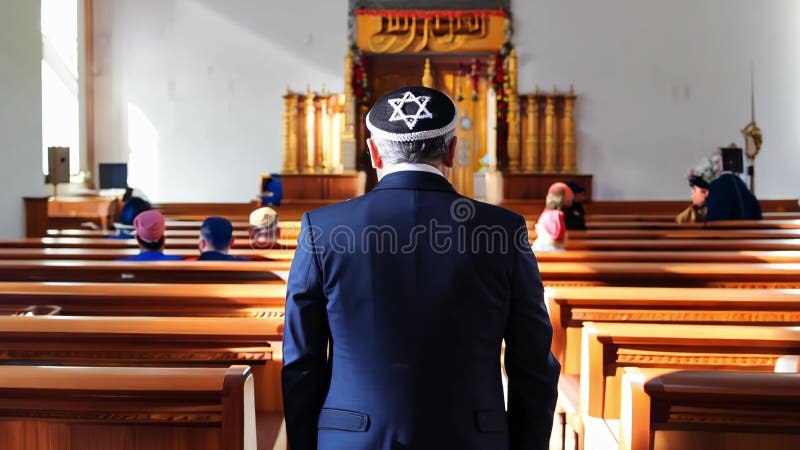 Back View of a Man in a Blue Kippah with Star of David Standing before ...