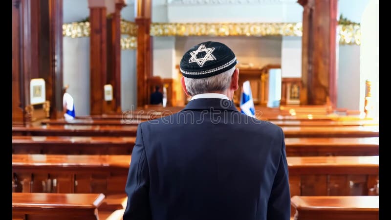 Back View of a Man in a Blue Kippah with Star of David Standing before ...