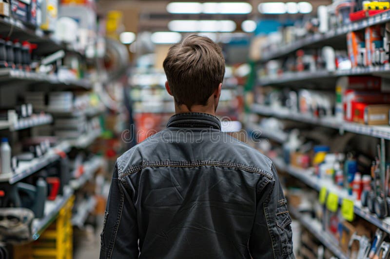Back View of Man in Builder S Uniform in Hardware Store Stock ...
