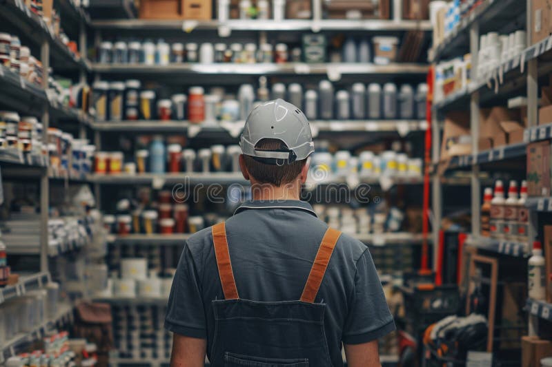 Back View of Man in Builder S Uniform and Helmet in Hardware Store ...
