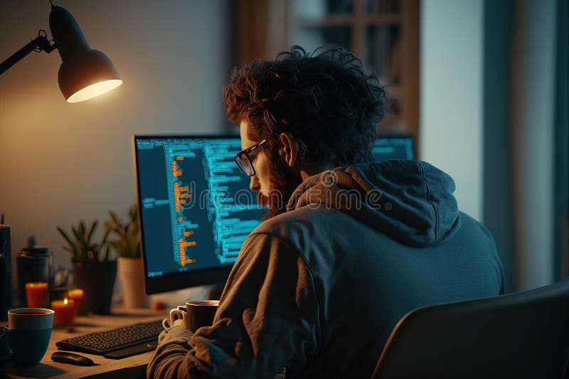 Back View of Man Coding. Generative AI Stock Illustration ... Back View of Man Coding. Generative AI Stock Illustration ...