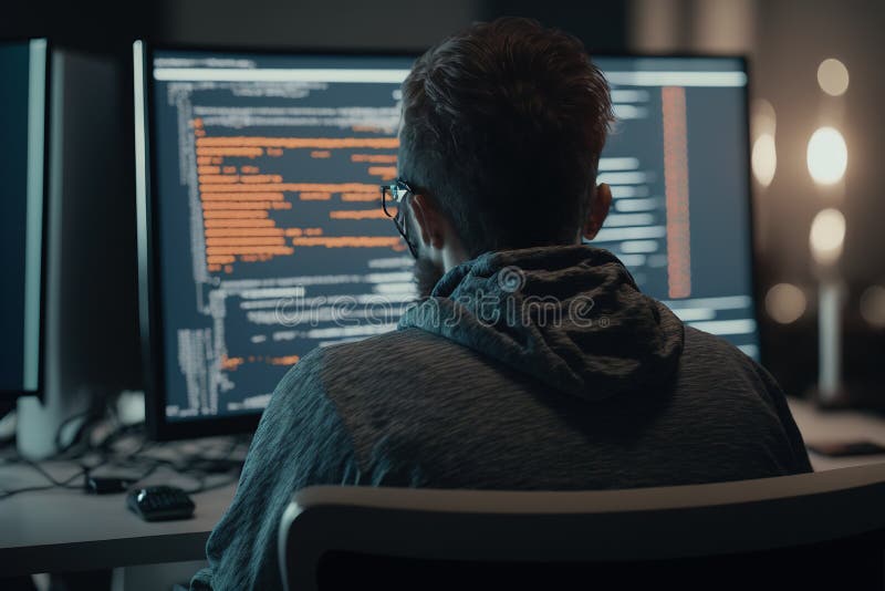 Back View of Man Coding. Generative AI Stock Illustration ... Back View of Man Coding. Generative AI Stock Illustration ...