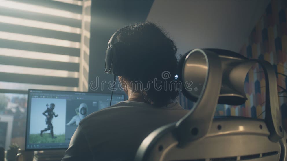Back View of Man Developing Video Game Stock Image - Image of modeling ...