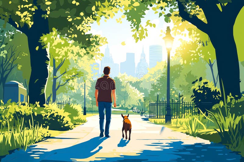 Back View of a Man with a Dog Walking in a Summer Park Stock ...