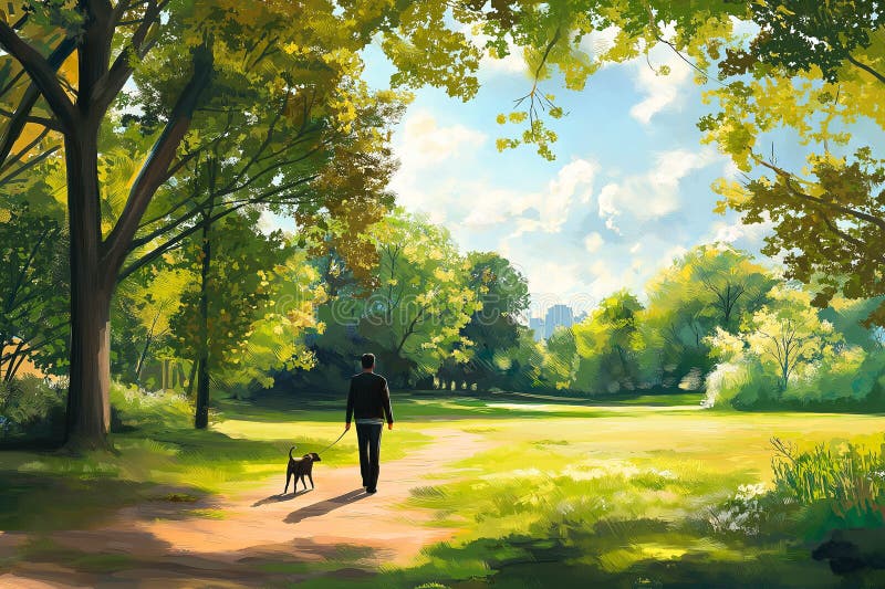 Back View of a Man with a Dog Walking in a Summer Park Stock ...