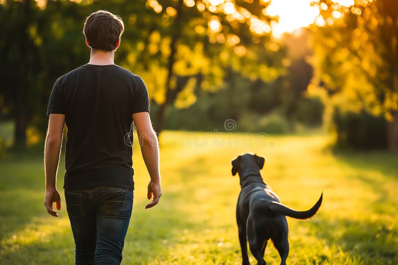 Back View of a Man with a Dog Walking in a Summer Park Stock ...
