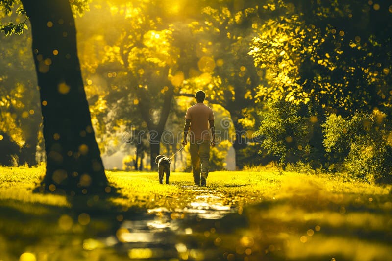 Back View of a Man with a Dog Walking in a Summer Park Stock ...