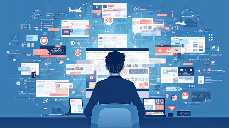 Back View of Man Exploring Digital Dashboard with Multiple Screens Stock Illustration ...