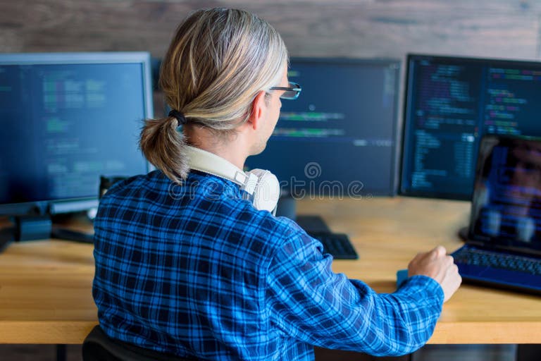Software Developer, Freelancer Working with Program Code Stock Photo - Image of desk, back ...