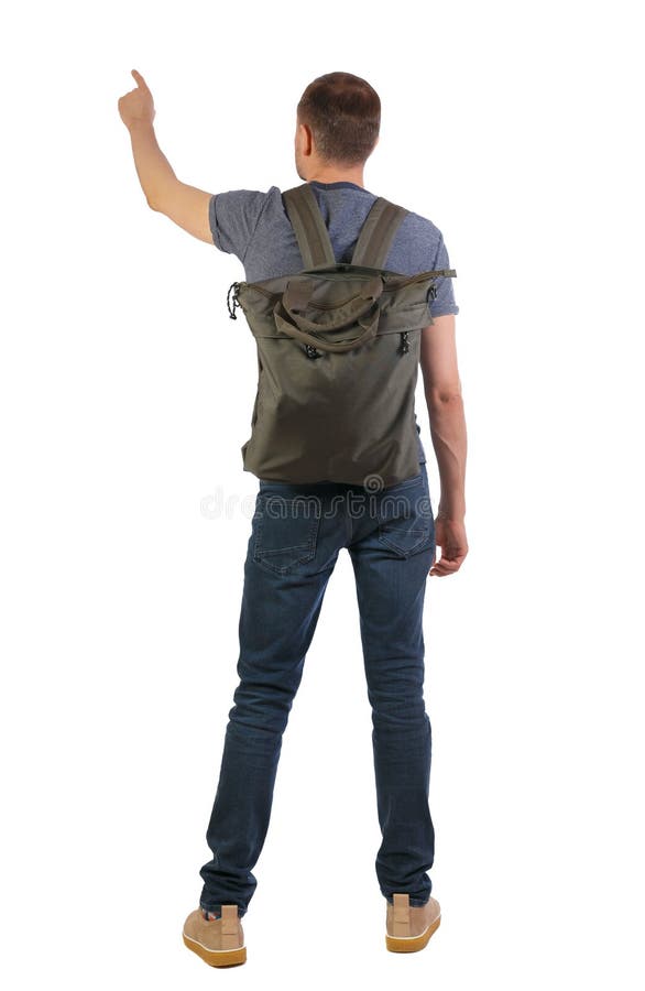 Back View of a Man with a Green Backpack Pointing Forward Stock Photo ...