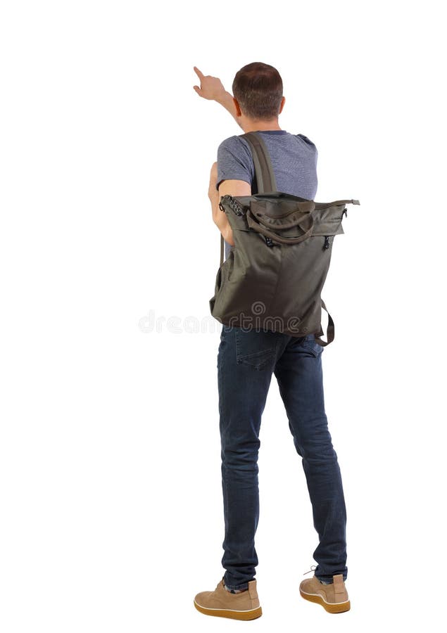 Back View of a Man with a Green Backpack Pointing Forward Stock Photo ...