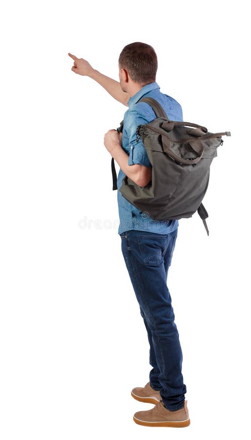 Back View of a Man with a Green Backpack Pointing Forward Stock Image ...