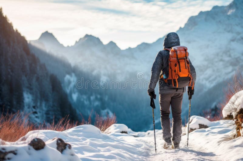 Back View of Man Hiking Alone in the Snow Mountains Stock Image - Image ...