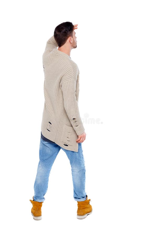 The Back View of a Man in a Knitted Sweater is Staring into the Stock ...